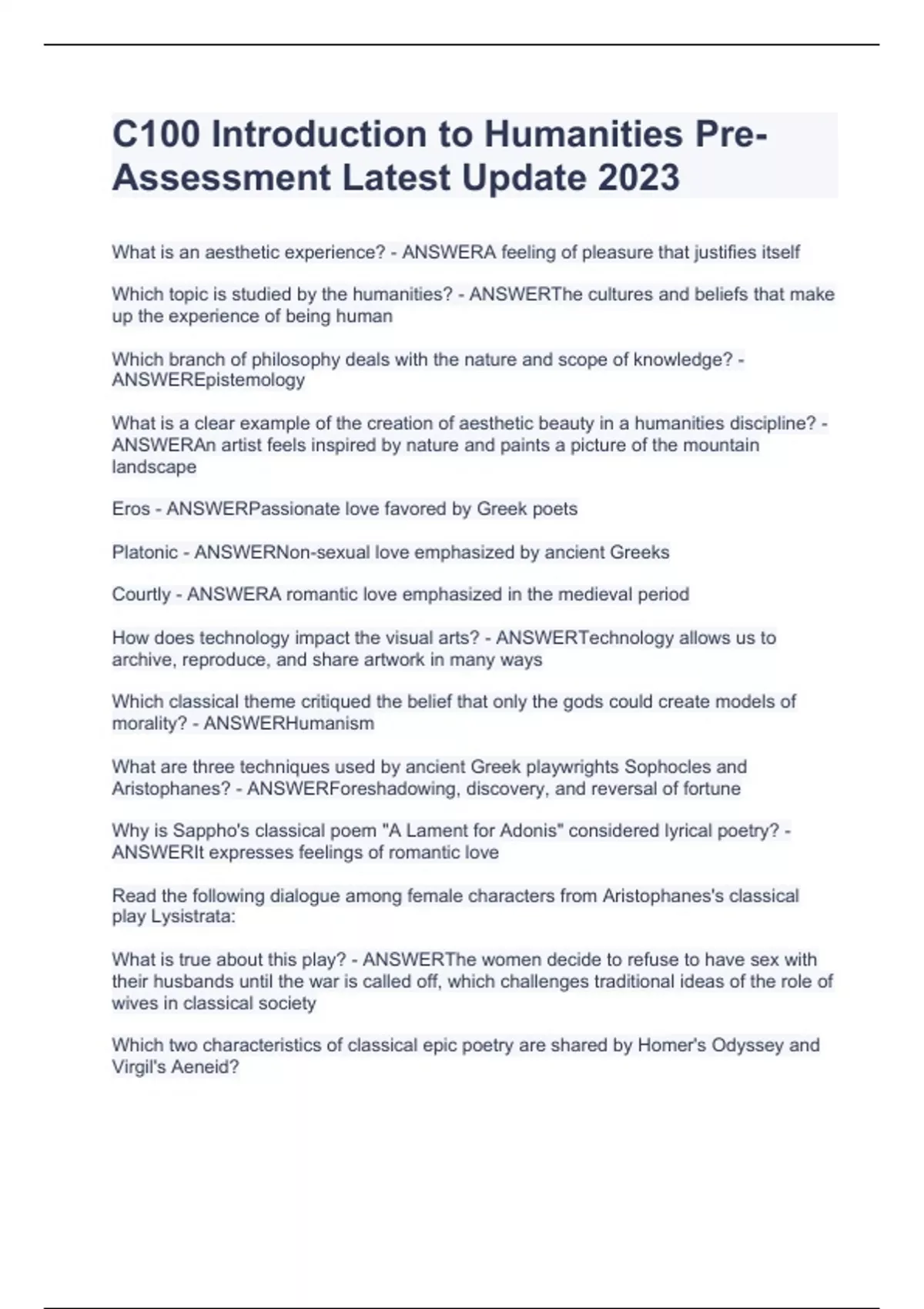 C100 Introduction to Humanities Pre-Assessment Latest Update 2023 - WGU ...