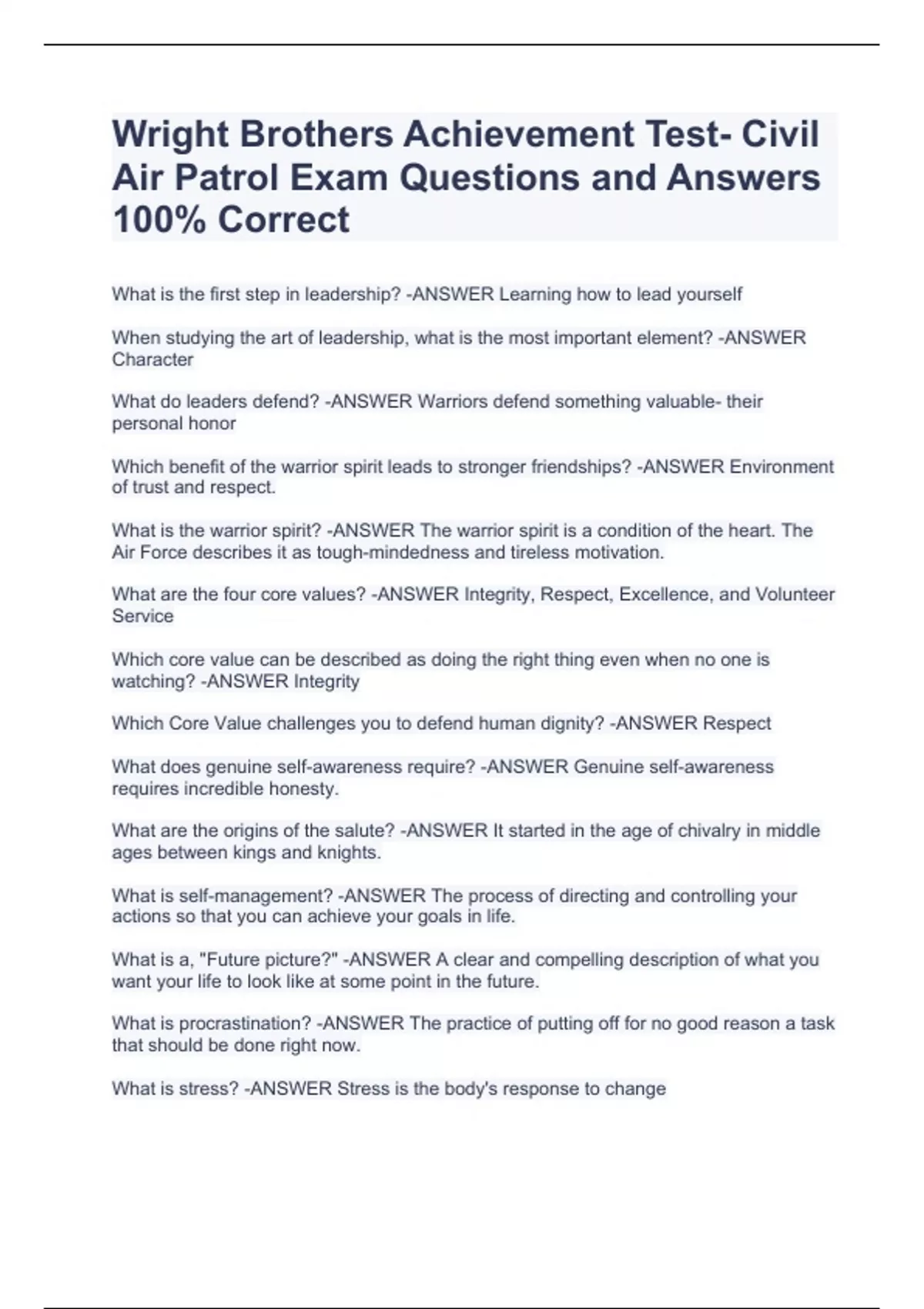 Wright Brothers Achievement Test- Civil Air Patrol Exam Questions and ...