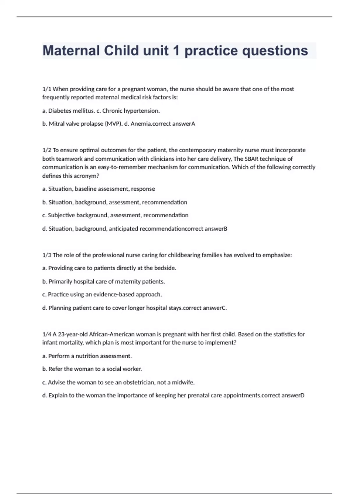 Maternal Child unit 1 practice questions with correct answers ...