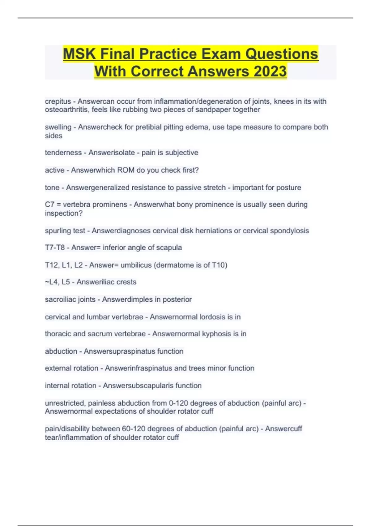 MSK Final Practice Exam Questions With Correct Answers 2023 - MSK ...