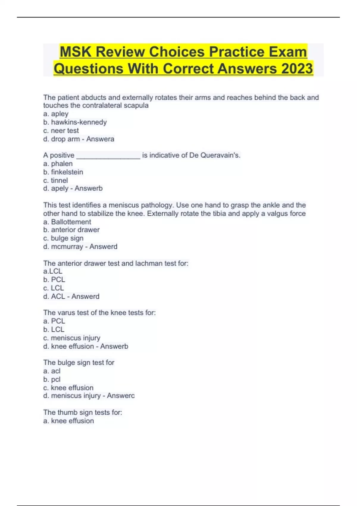 MSK Review Choices Practice Exam Questions With Correct Answers 2023 ...