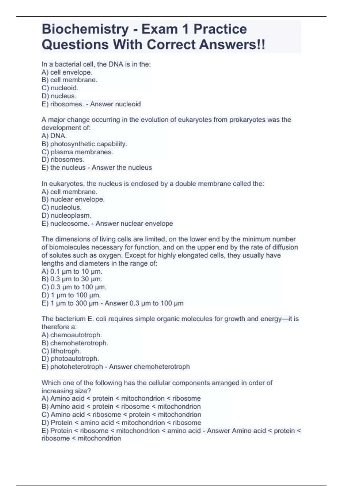 Biochemistry Exam 1 Practice Questions With Correct Answers Biochemistry Stuvia Us