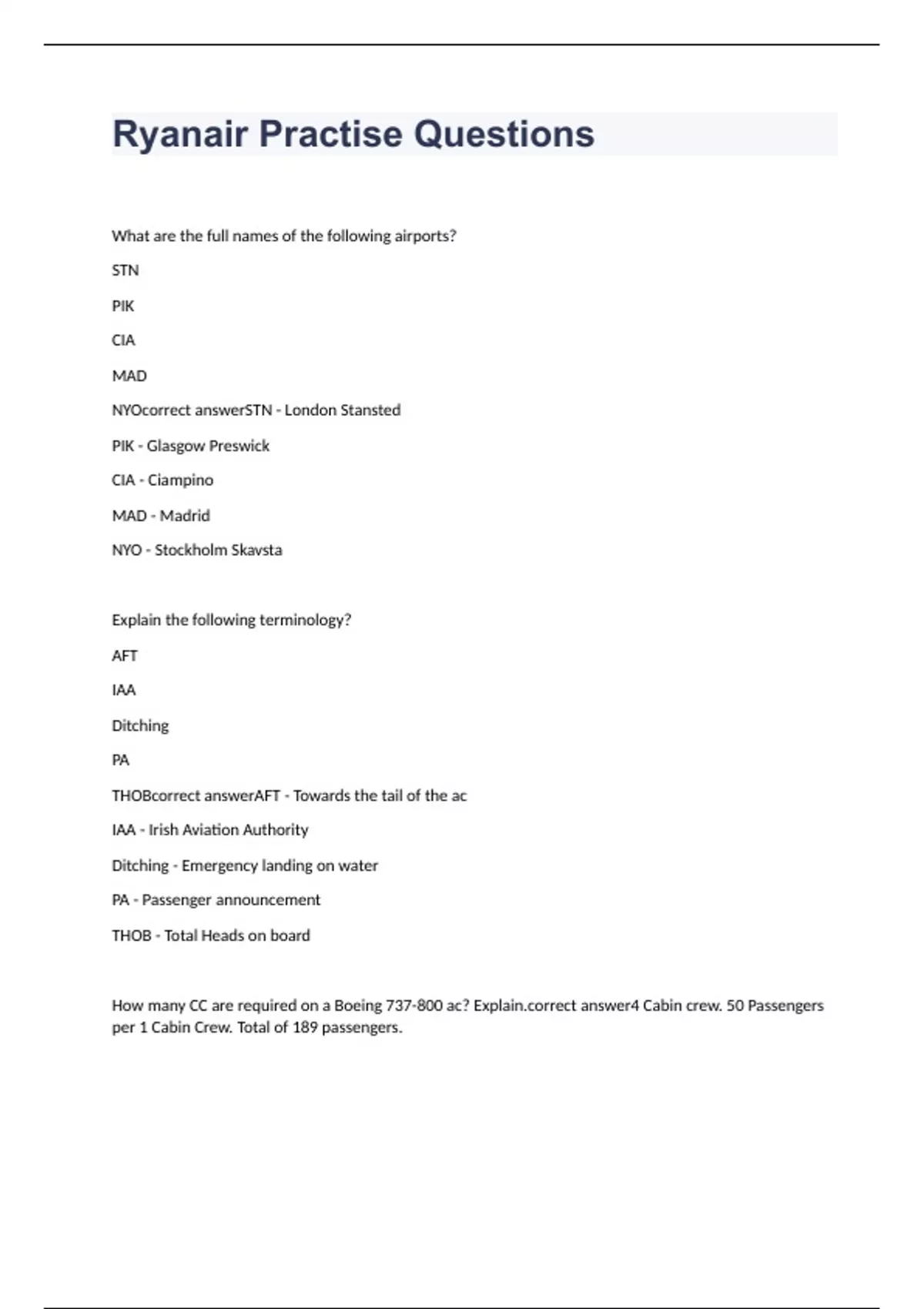 Ryanair Practise Questions with 100% correct answers - Ryanair - Stuvia US