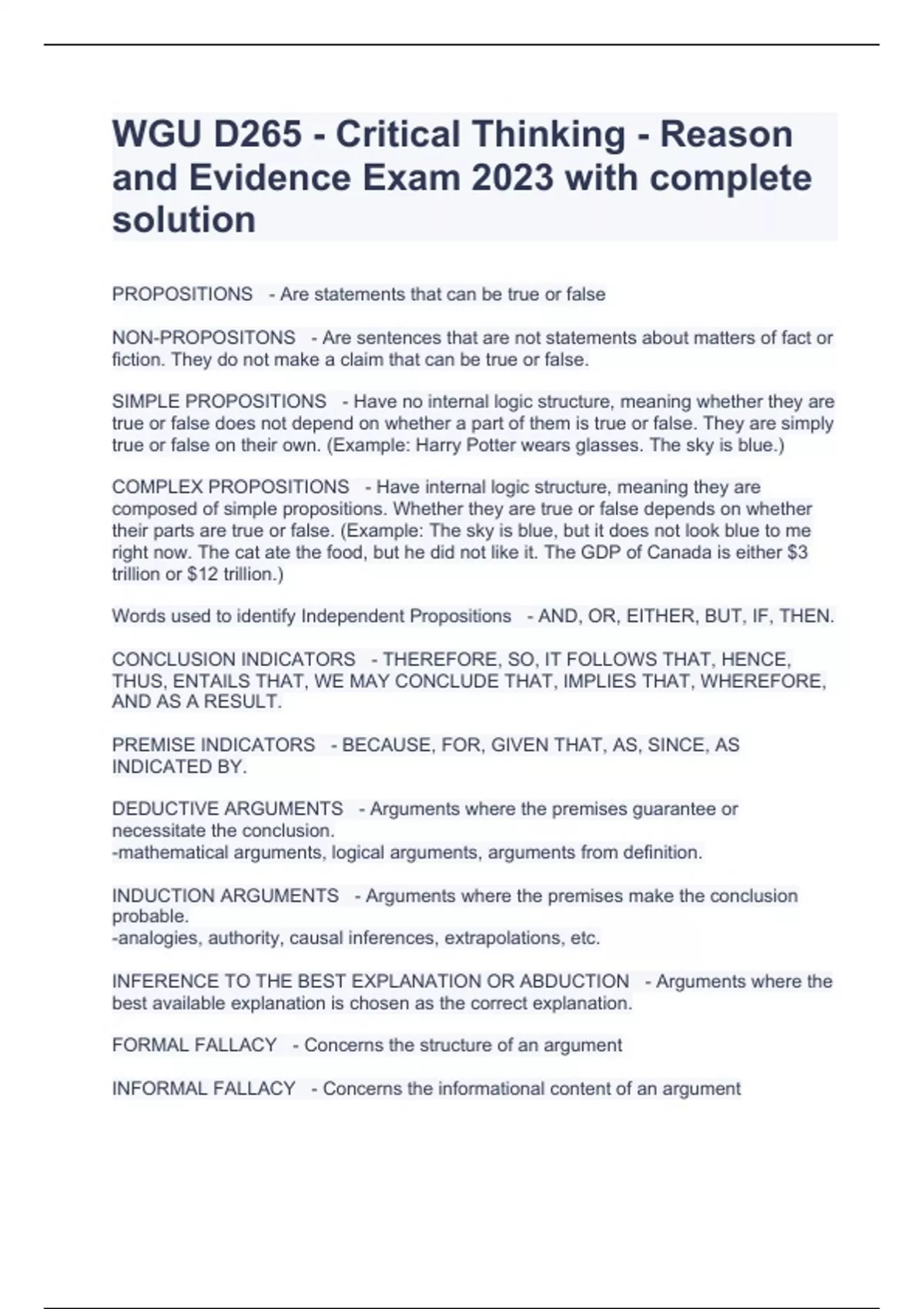 WGU D265 Critical Thinking Bundled Exams with complete solution - Stuvia US