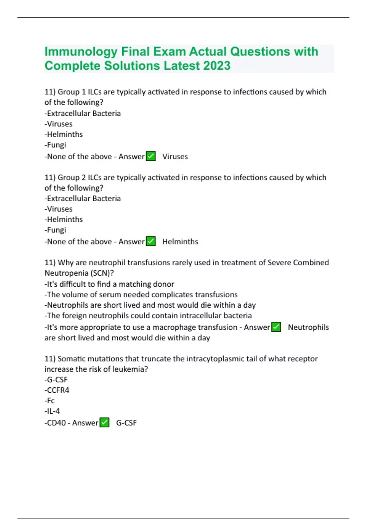 Immunology Final Exam Actual Questions With Complete Solutions Latest