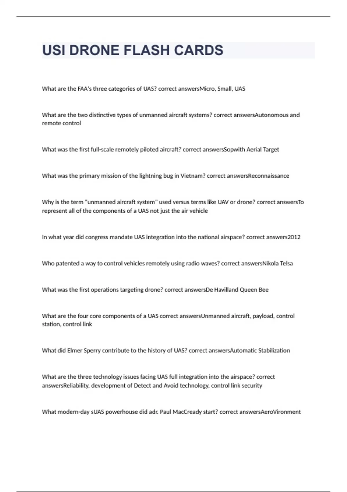 USI DRONE FLASH CARDS 2023 WITH 100% CORRECT ANSWERS - USI DRONE FLASH ...