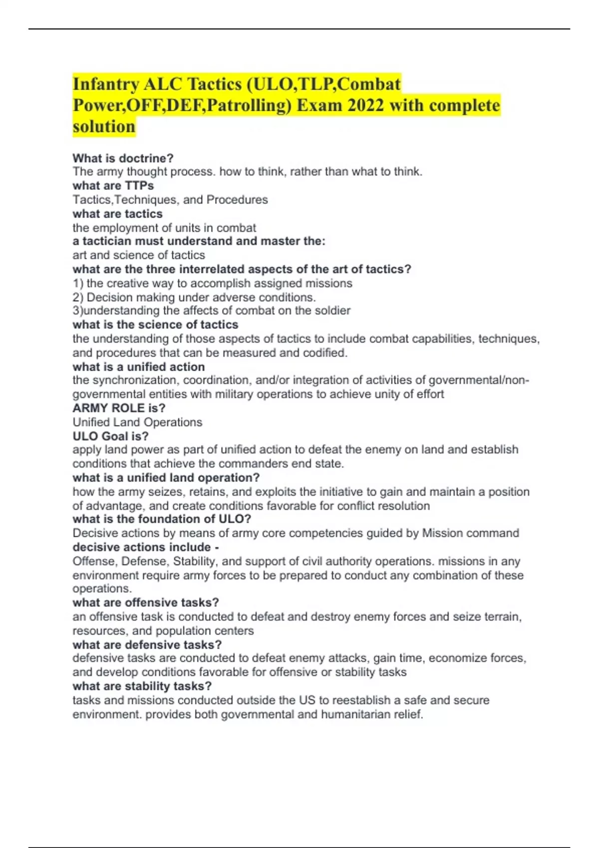Infantry ALC Tactics (ULO,TLP,Combat Power,OFF,DEF,Patrolling) Exam ...