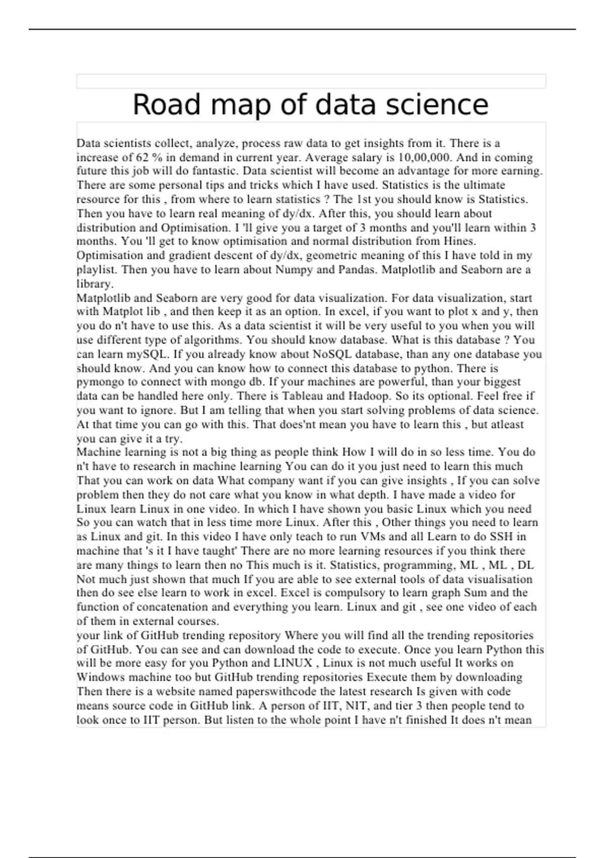 Summary roadmap of data science - Data science - Stuvia US