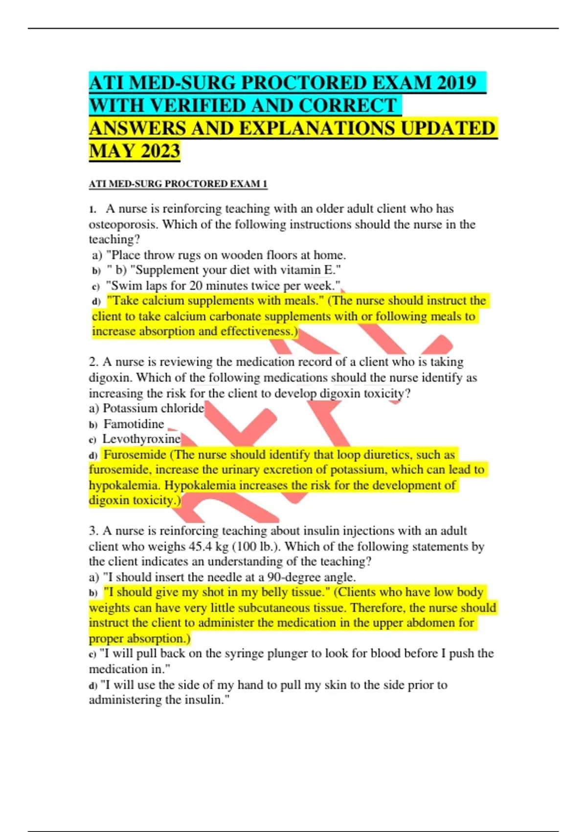 ATI MED-SURG PROCTORED EXAM 2019 WITH VERIFIED AND CORRECT ANSWERS AND ...