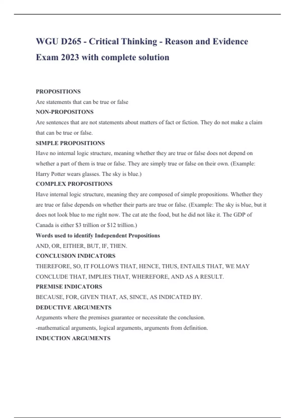 WGU D265 - Critical Thinking - Reason and Evidence Exam 2023 with ...