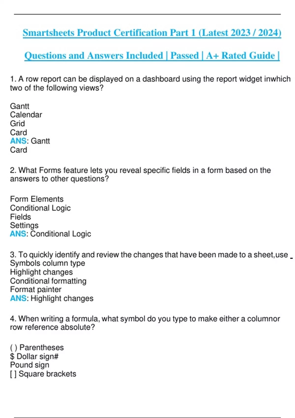 Smartsheets Product Certification Part 1 (Latest 2023 / 2024) Questions ...