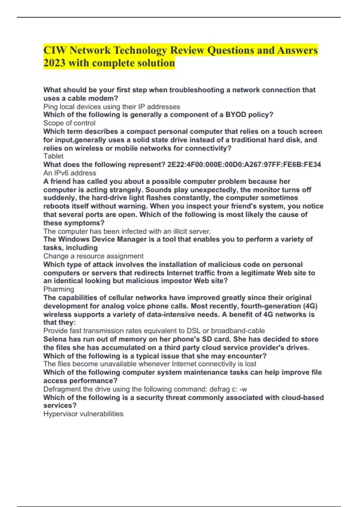 CIW Network Technology Review Questions and Answers 2023 with complete solution - CIW Network ...