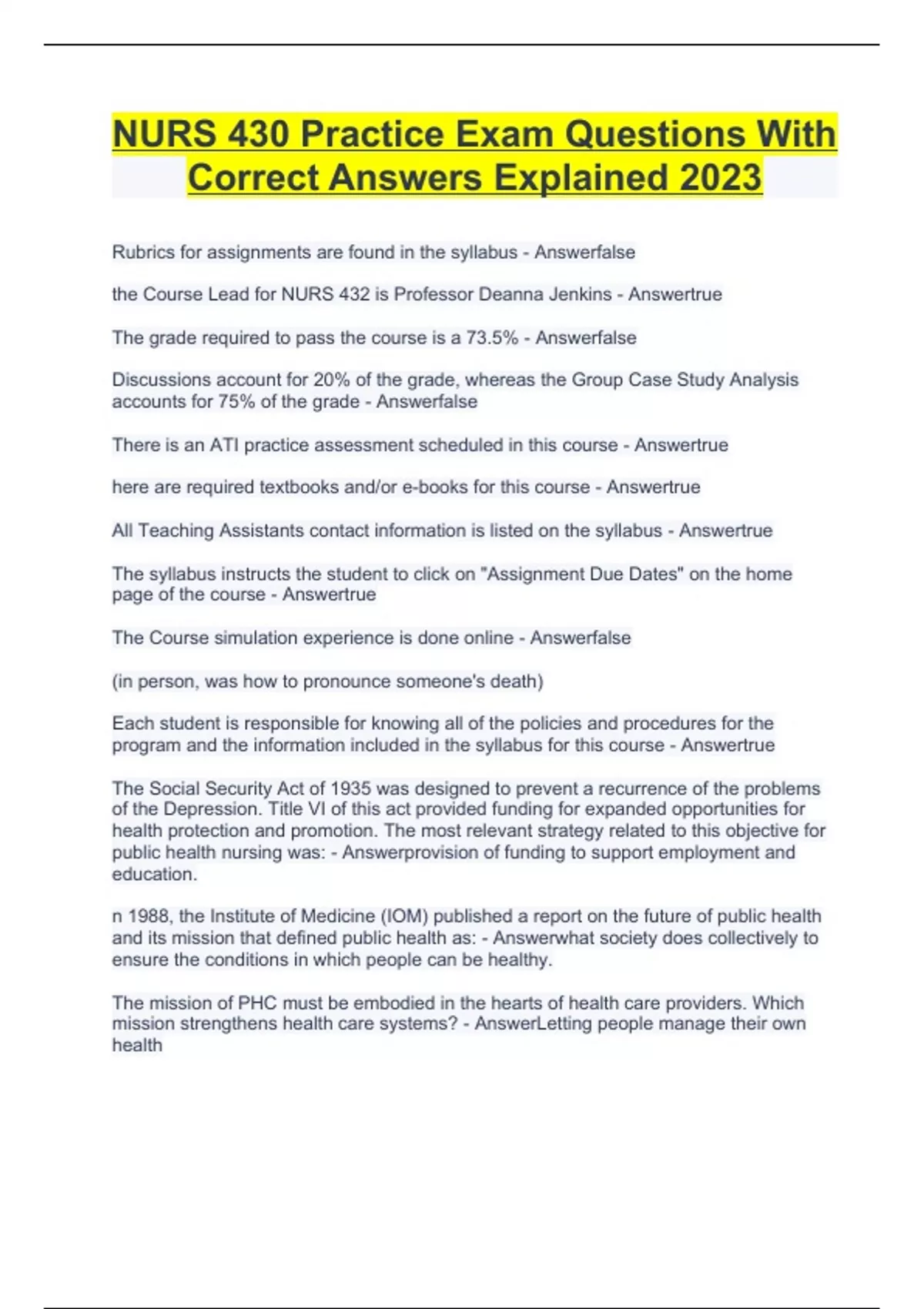 NURS 430 Practice Exam Questions With Correct Answers Explained 2023 ...