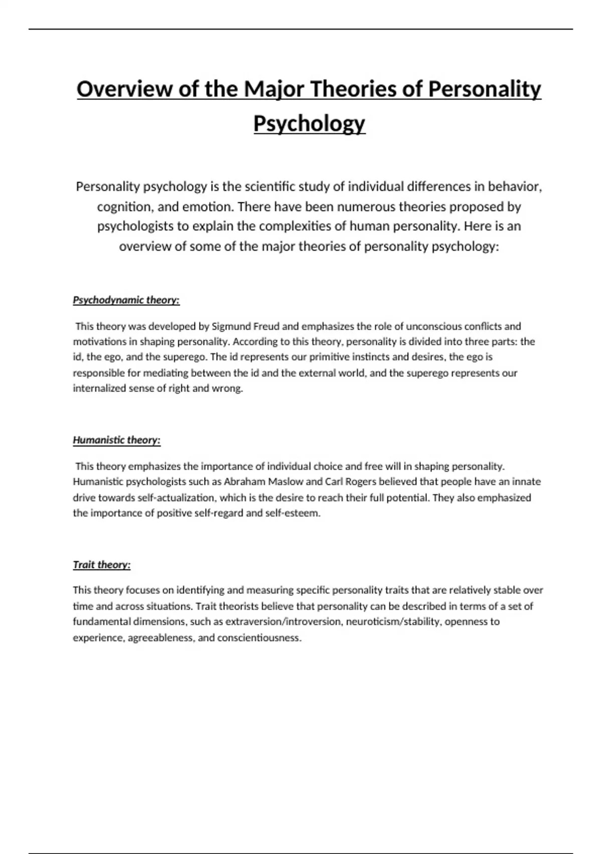 Summary Overview of the Major Theories of Personality Psychology - Ayz1 ...