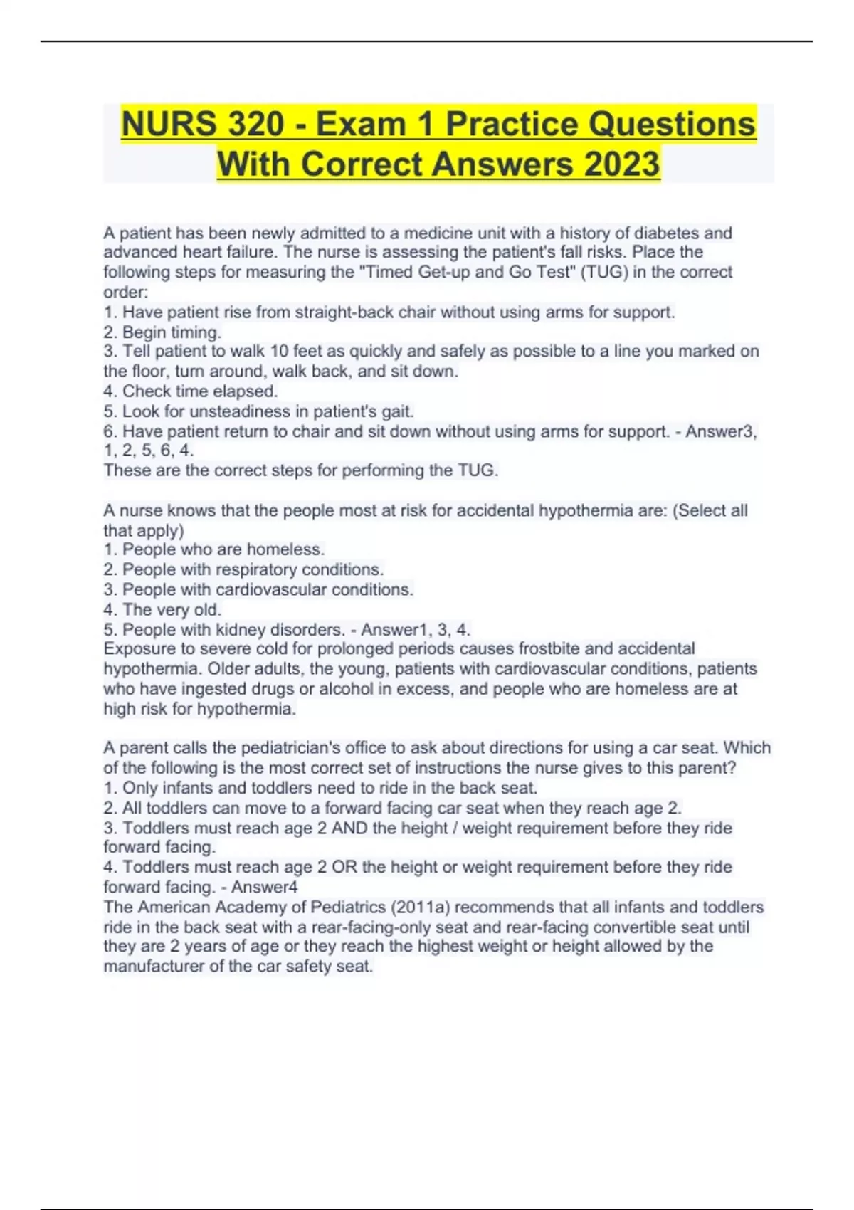 NURS 320 - Exam 1 Practice Questions With Correct Answers 2023 - Nurs ...