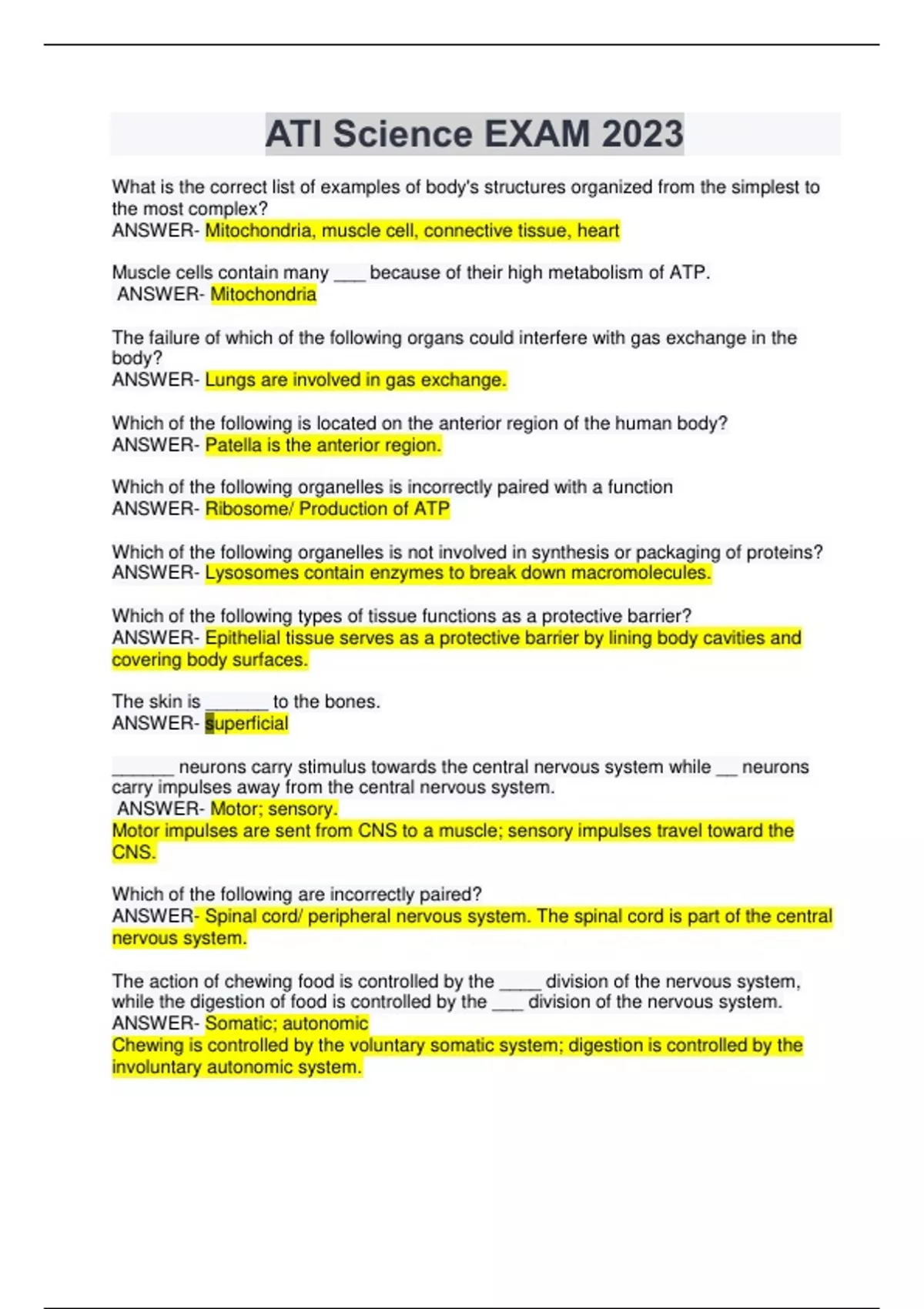 ATI Science EXAM 2023 | Guaranteed A+ Score - ATI Course - Stuvia US