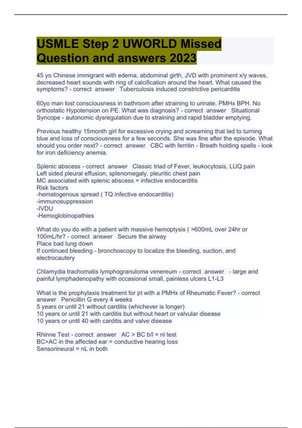 Usmle Step 2 Uworld Missed Question And Answers 2023 Usmle Step 2 Uworld Missed Stuvia Us