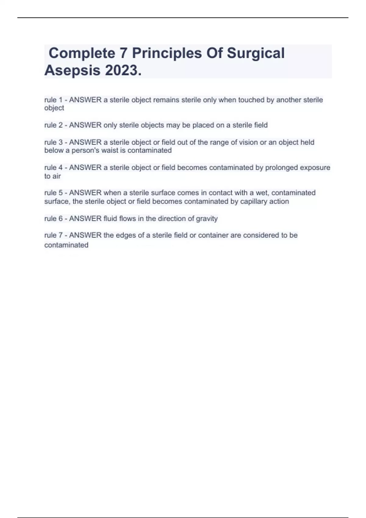 Complete 7 Principles Of Surgical Asepsis 2023. - ASEP - Stuvia US