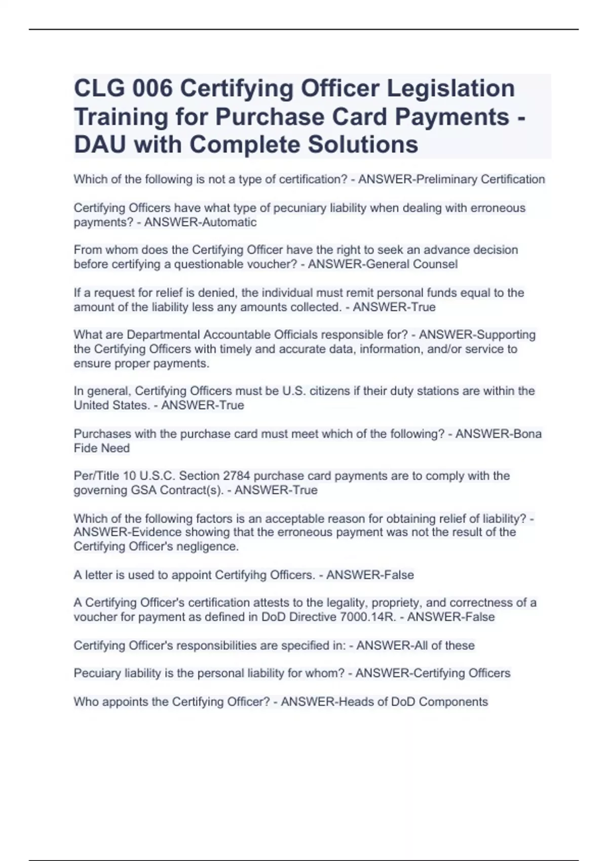 CLG 006 Certifying Officer Legislation Exam Package deal 2023 with ...