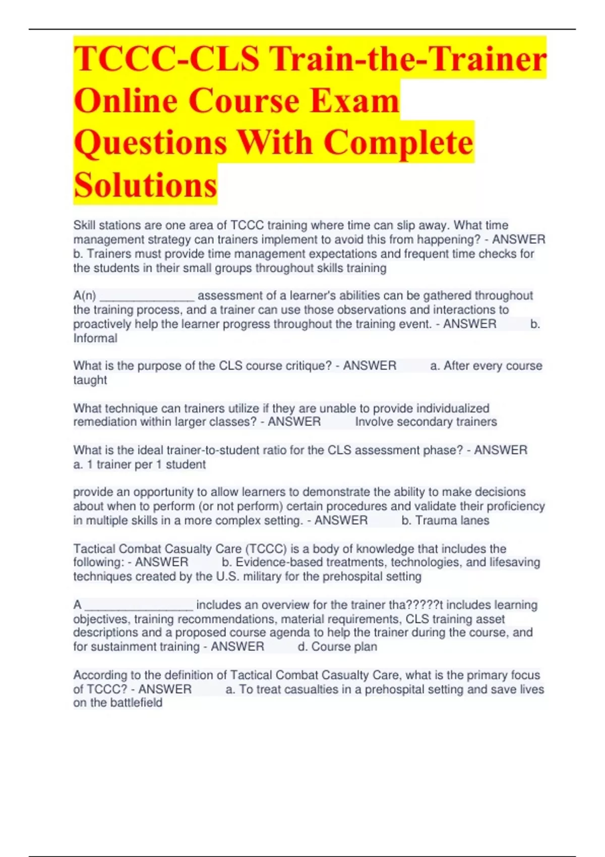 TCCC-CLS Train-the-Trainer Online Course Exam Questions With Complete Solutions - TCCC-CLS ...
