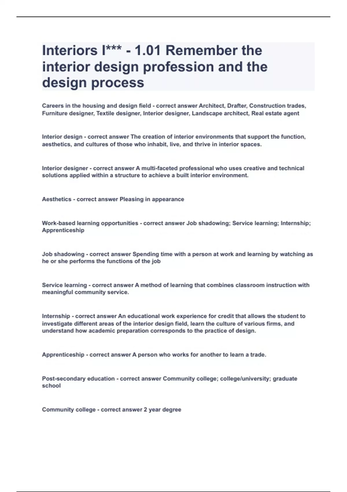 Interiors I*** - 1.01 Remember the interior design profession and the ...