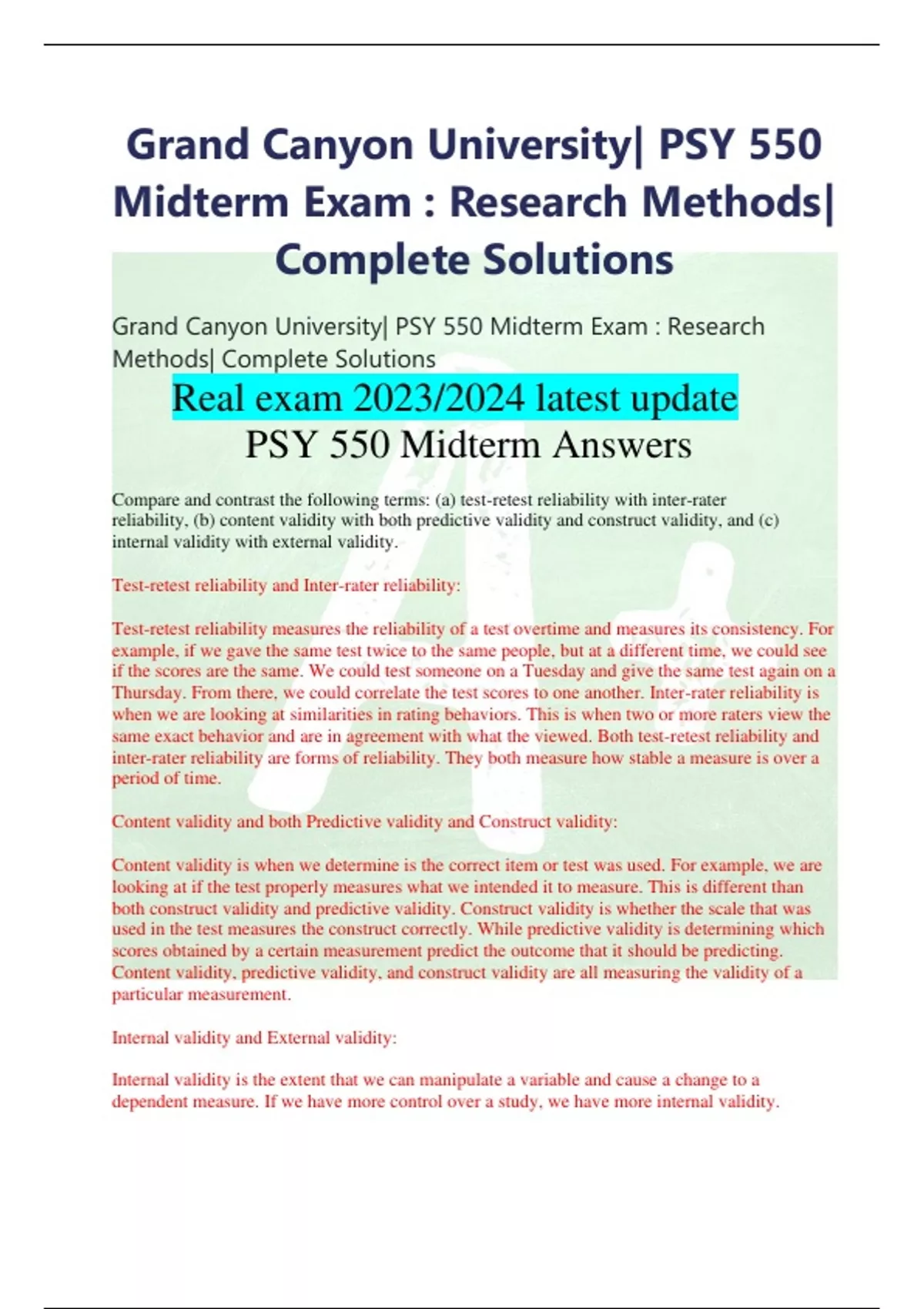 Grand Canyon University| PSY 550 Midterm Exam : Research Methods| Complete Solutions Grand ...