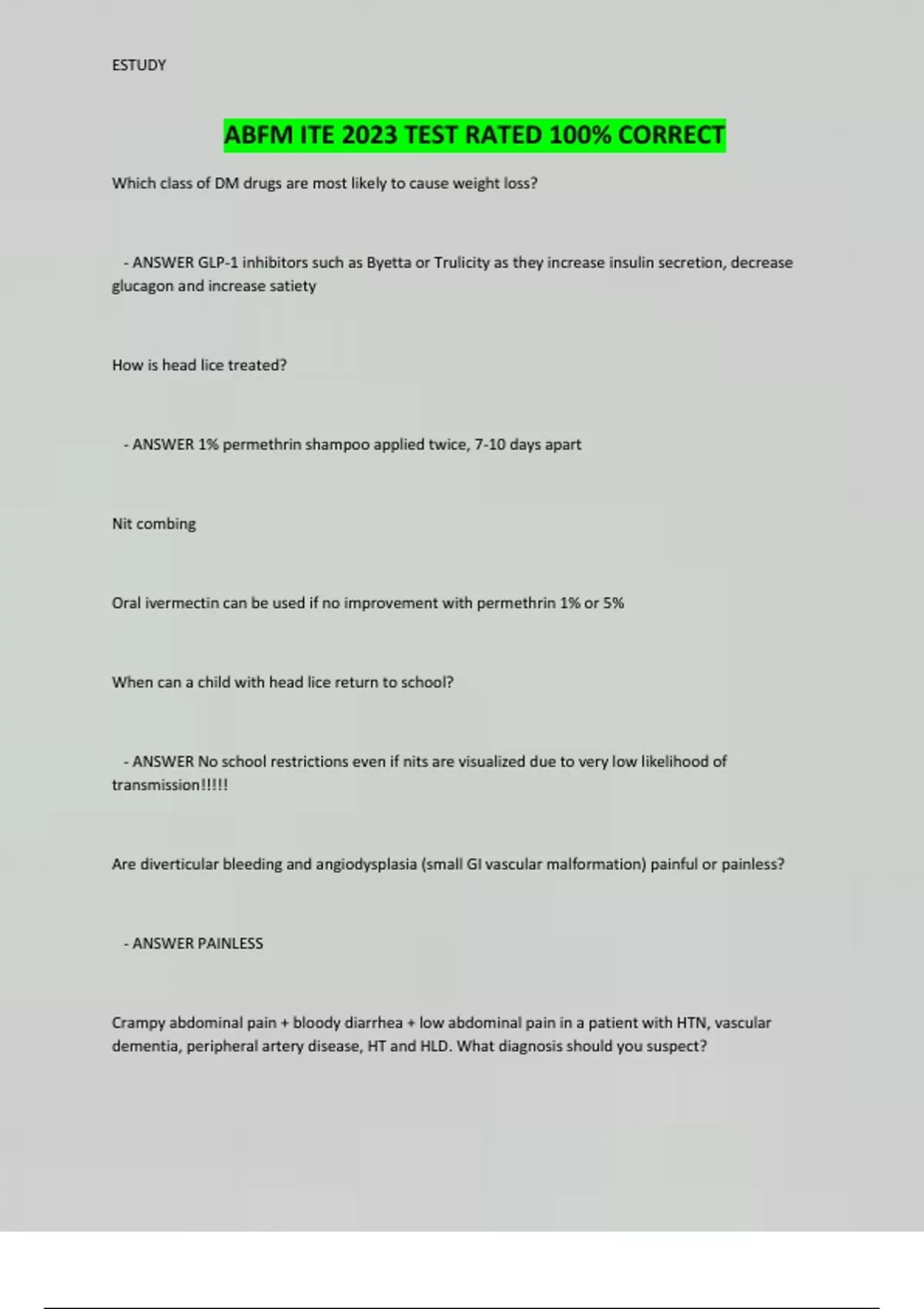 ABFM ITE 2023 TEST RATED 100% CORRECT - ABFM ITE 2023 - Stuvia US