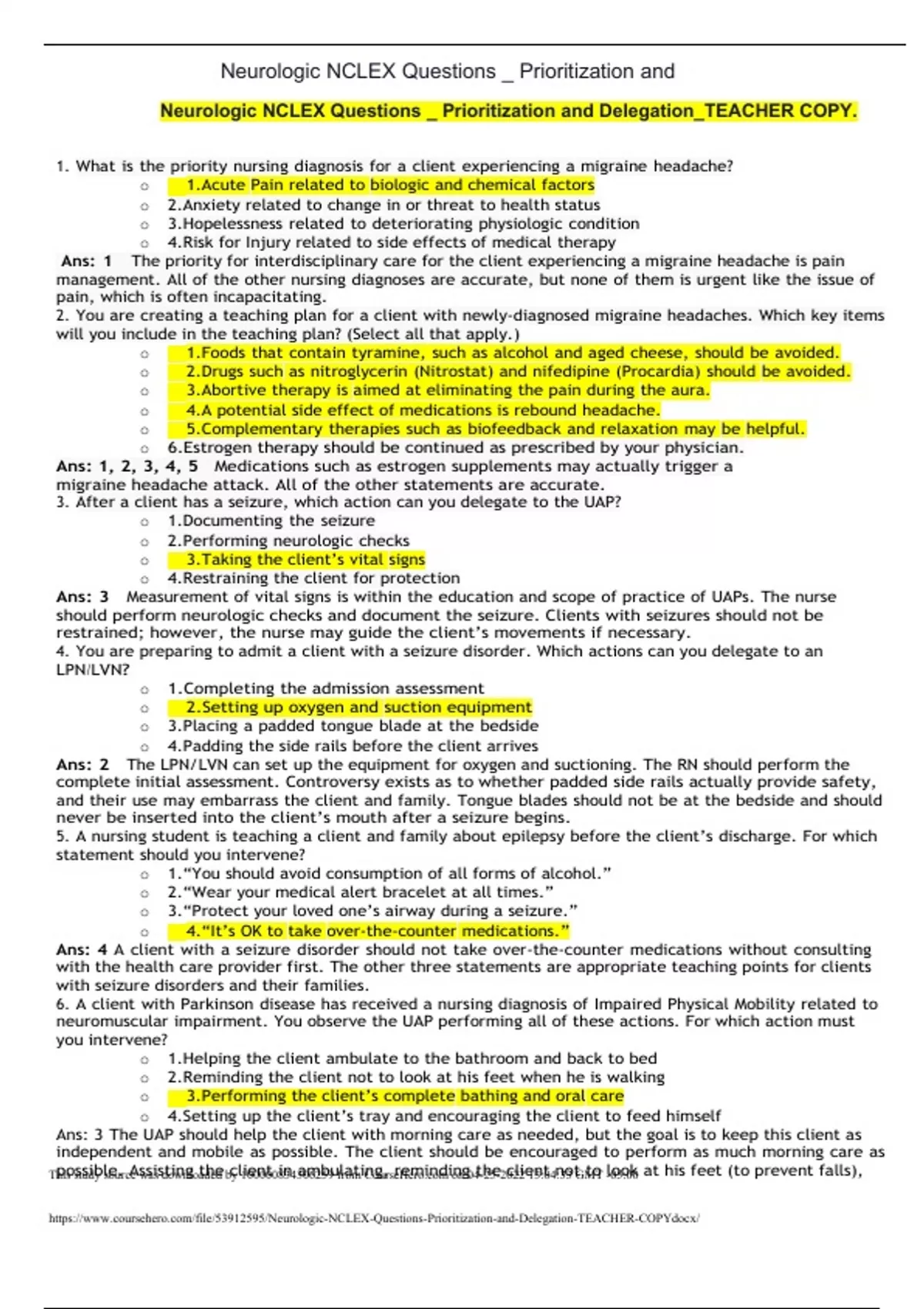 Neurologic NCLEX Questions _ Prioritization and Delegation_TEACHER COPY ...