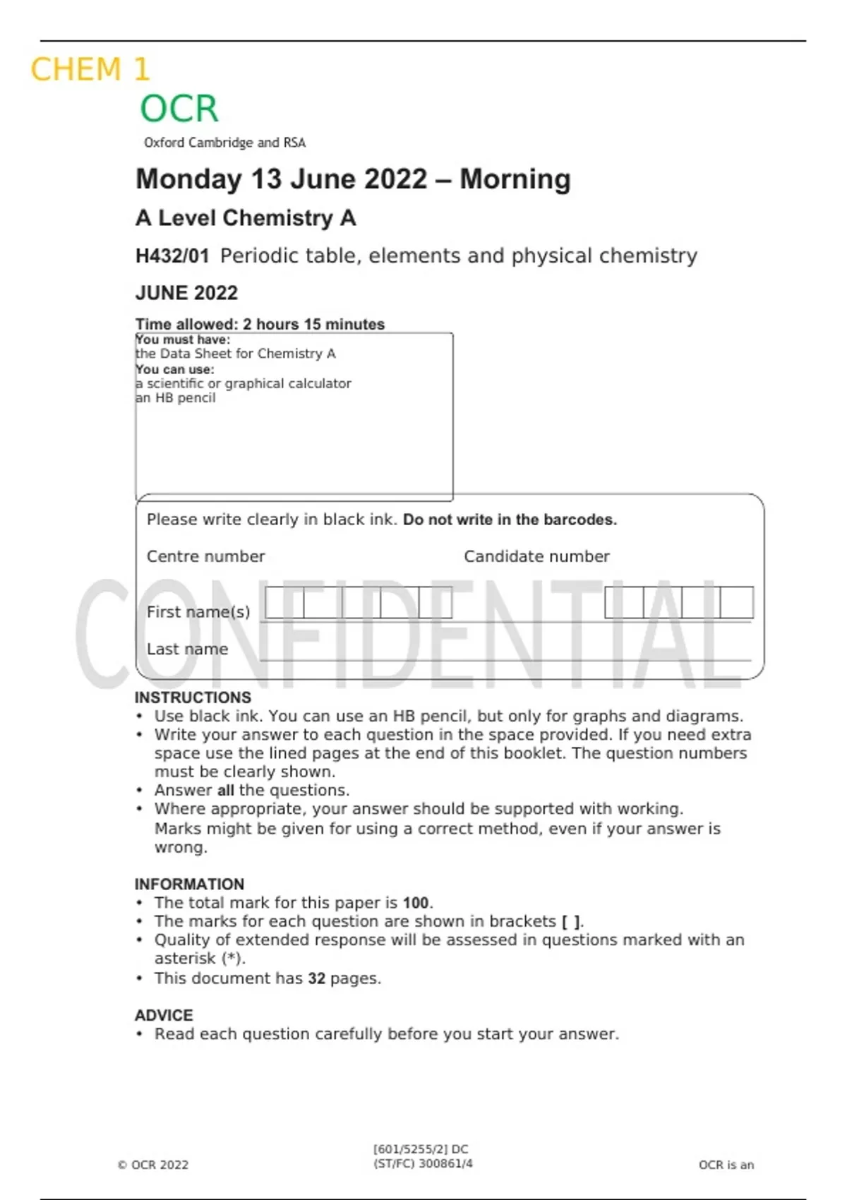 OCR A LEVEL CHEMISTRY A PAPER 1 ,2 AND 3 AND AS LEVEL CHEMISTRY A PAPER ...