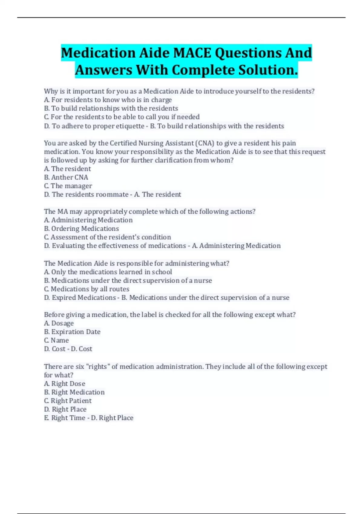 MIXED BUNDLE/MACE,MEDICATION AIDE , Med Tech, Med Aide Exams Questions ...