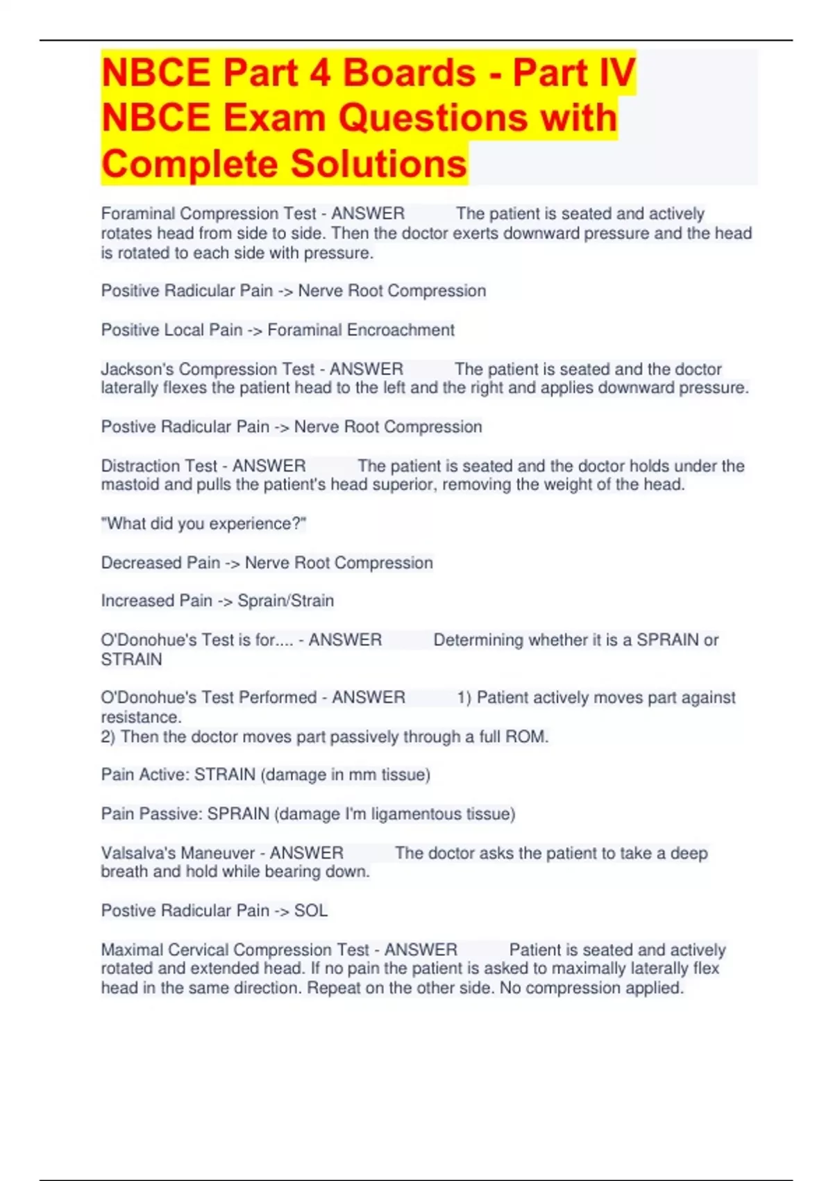 NBCE Part 4 Boards - Part IV NBCE Exam Questions with Complete Solutions - NBCE - Stuvia US