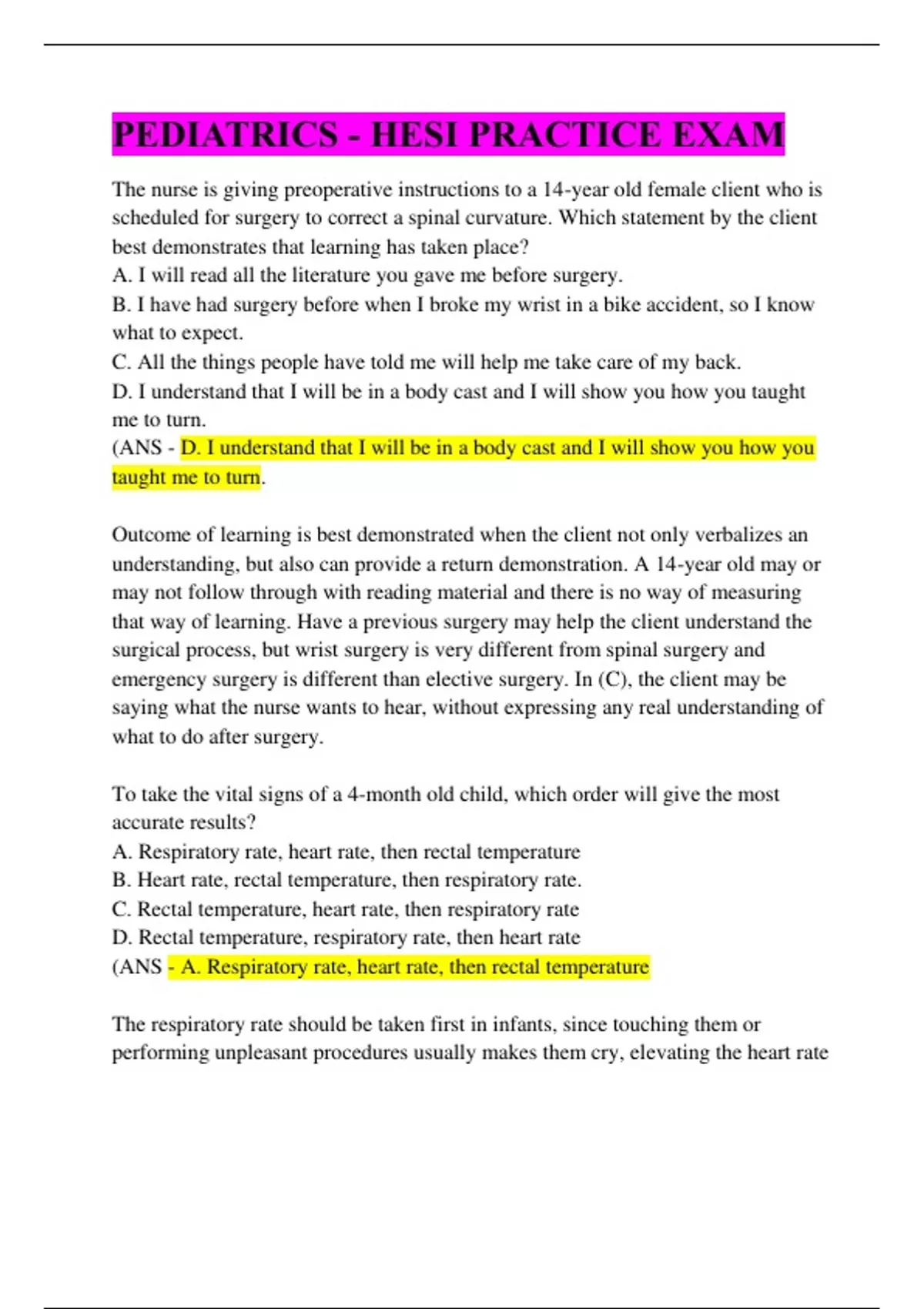 PEDIATRICS - HESI PRACTICE EXAM 100% correct questions and answers ...