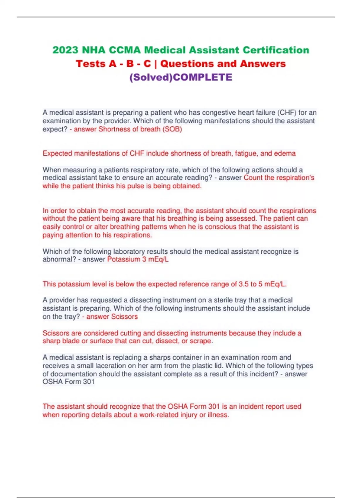 2023 NHA CCMA Medical Assistant Certification Tests A - B - C ...