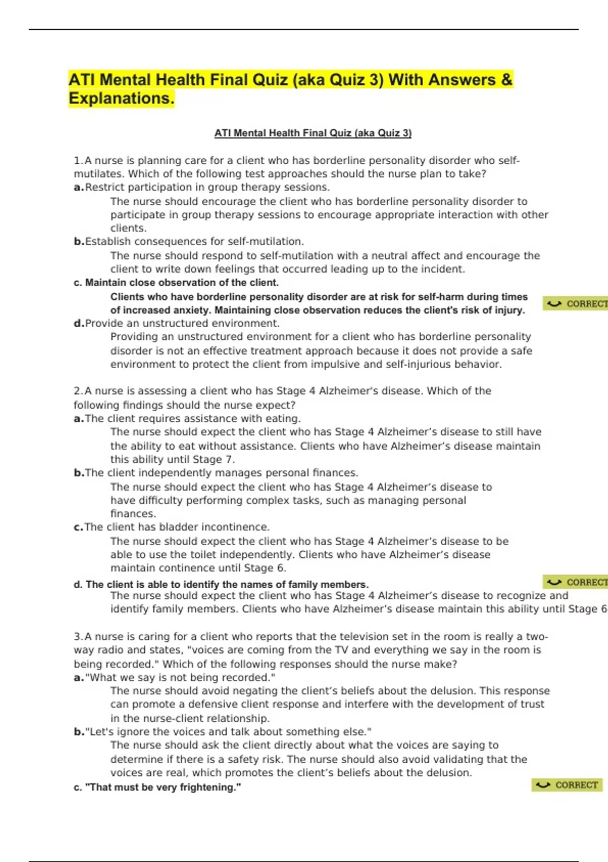 ATI Mental Health Final Quiz (aka Quiz 3) With Answers & Explanations ...