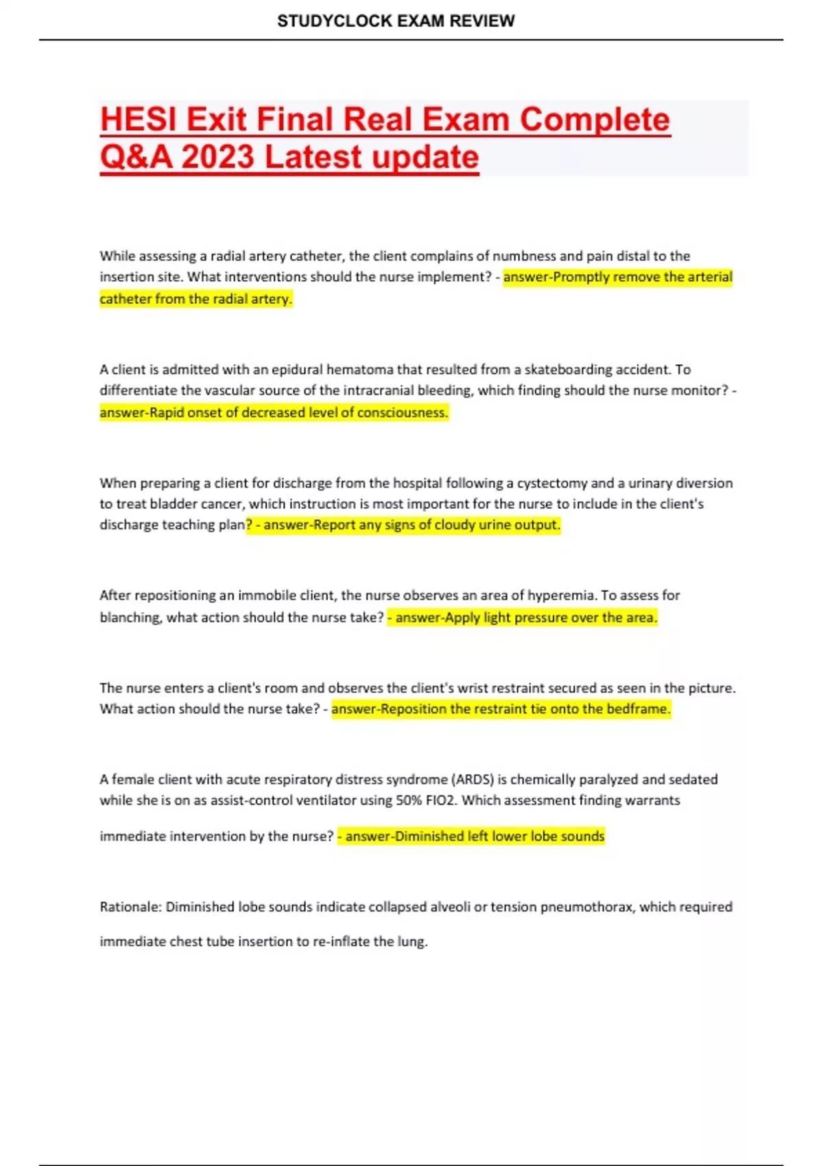 HESI Exit Final Real Exam CompleteQ&A 2023 Latest update - Hesi exit ...