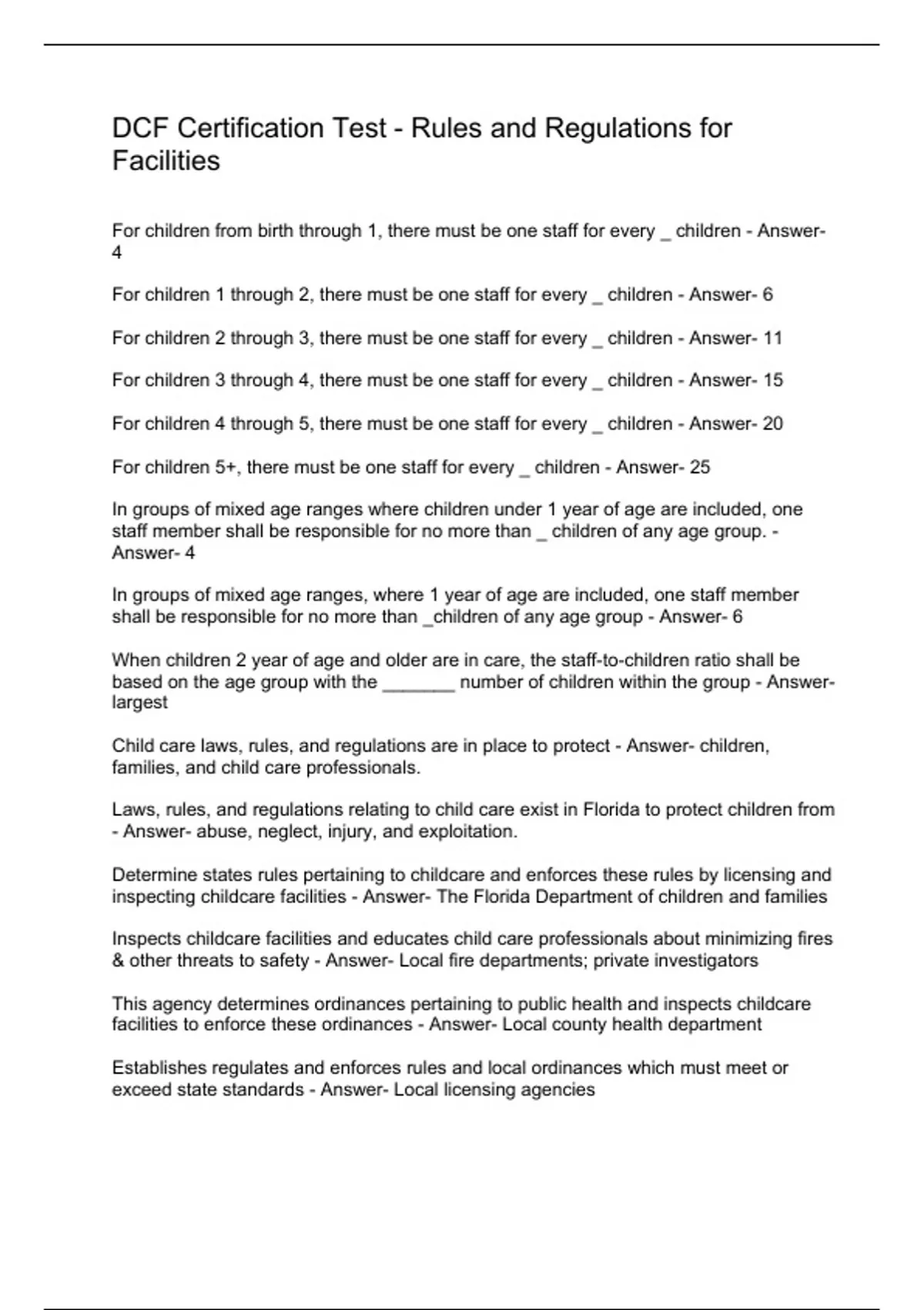 DCF Certification Test - Rules and Regulations for Facilities - DCF ...