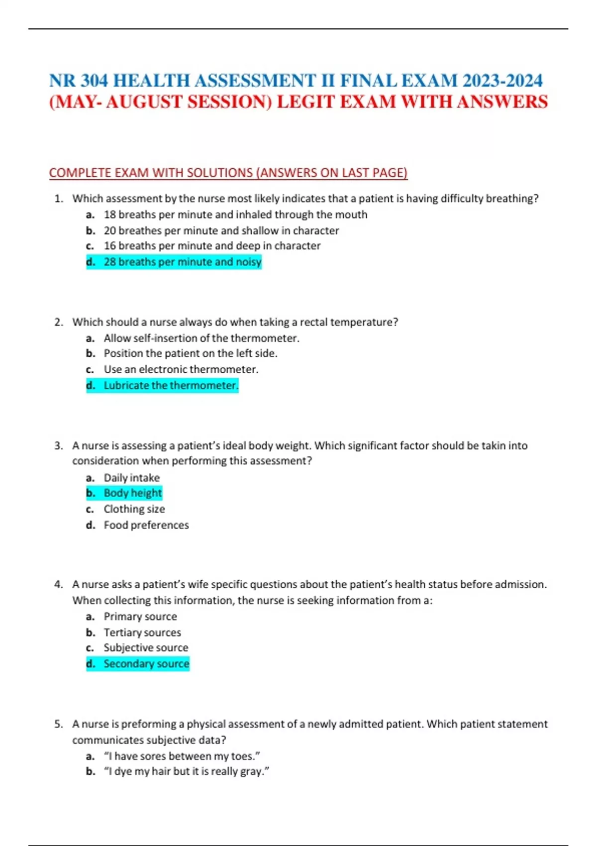 NR 304 HEALTH ASSESSMENT II FINAL EXAM (MAY- AUGUST SESSION) LEGIT EXAM ...