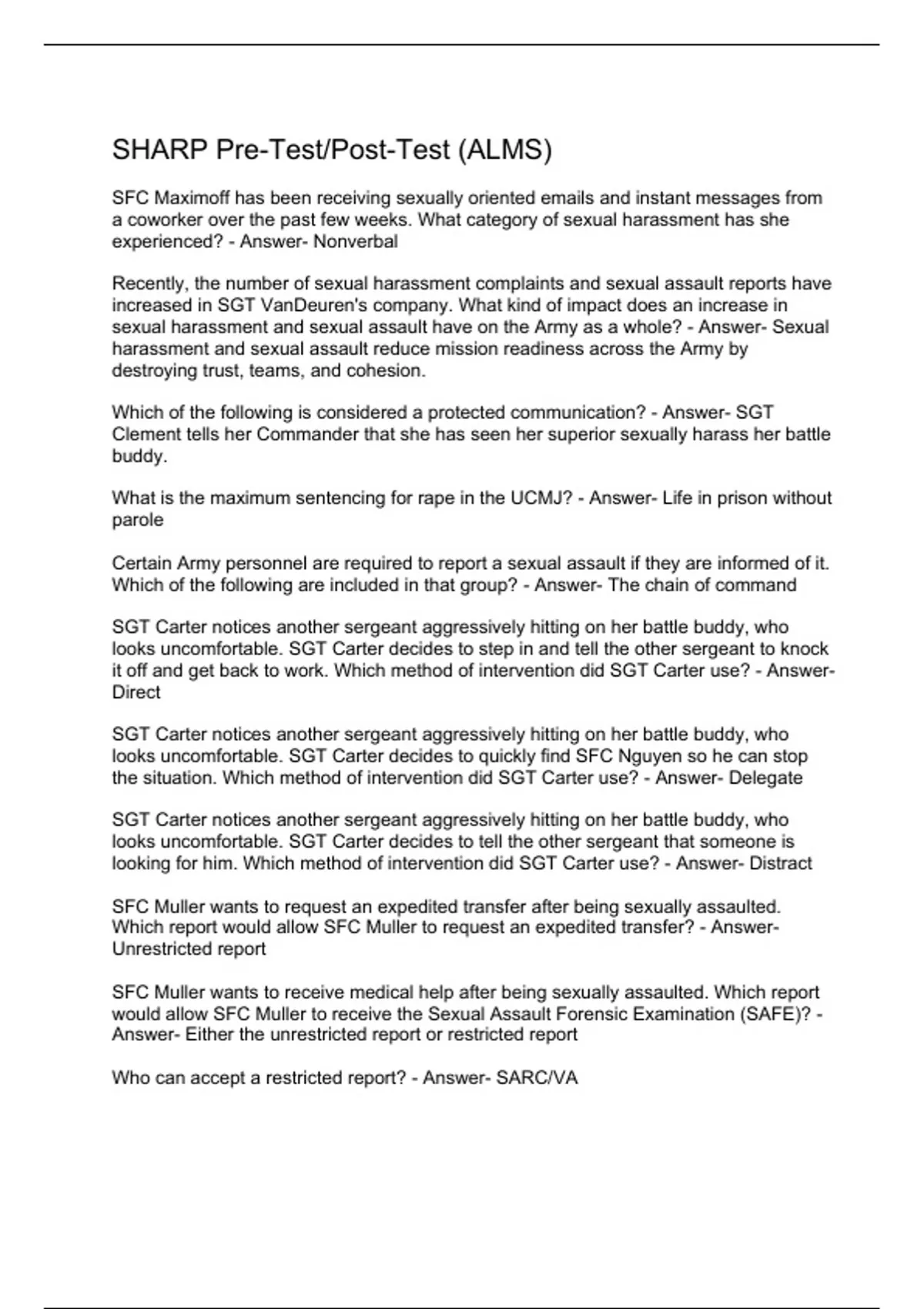 SHARP Pre-Test/Post-Test (ALMS) - SHARP - Stuvia US