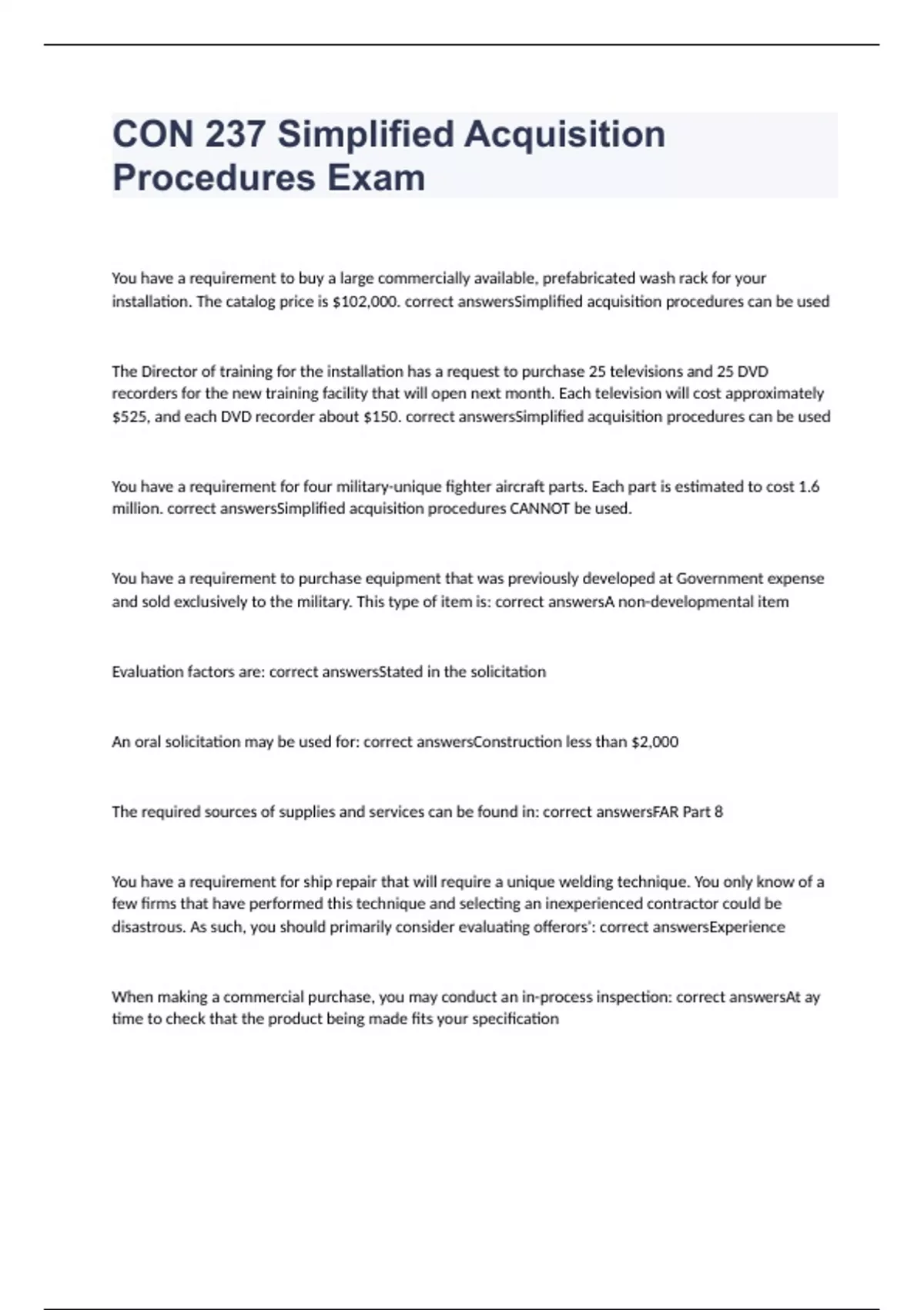 CON 237 Simplified Acquisition Procedures Exam 2023 WITH 100% CORRECT ...