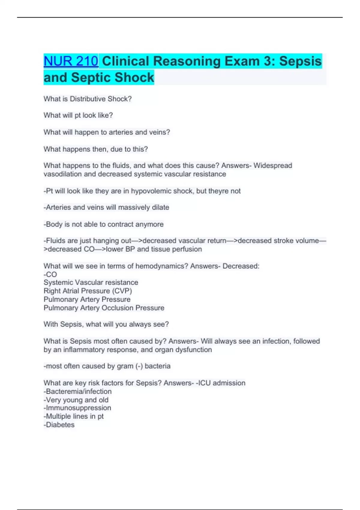 Clinical Reasoning Exam 3: Sepsis and Septic Shock - Clinical ...