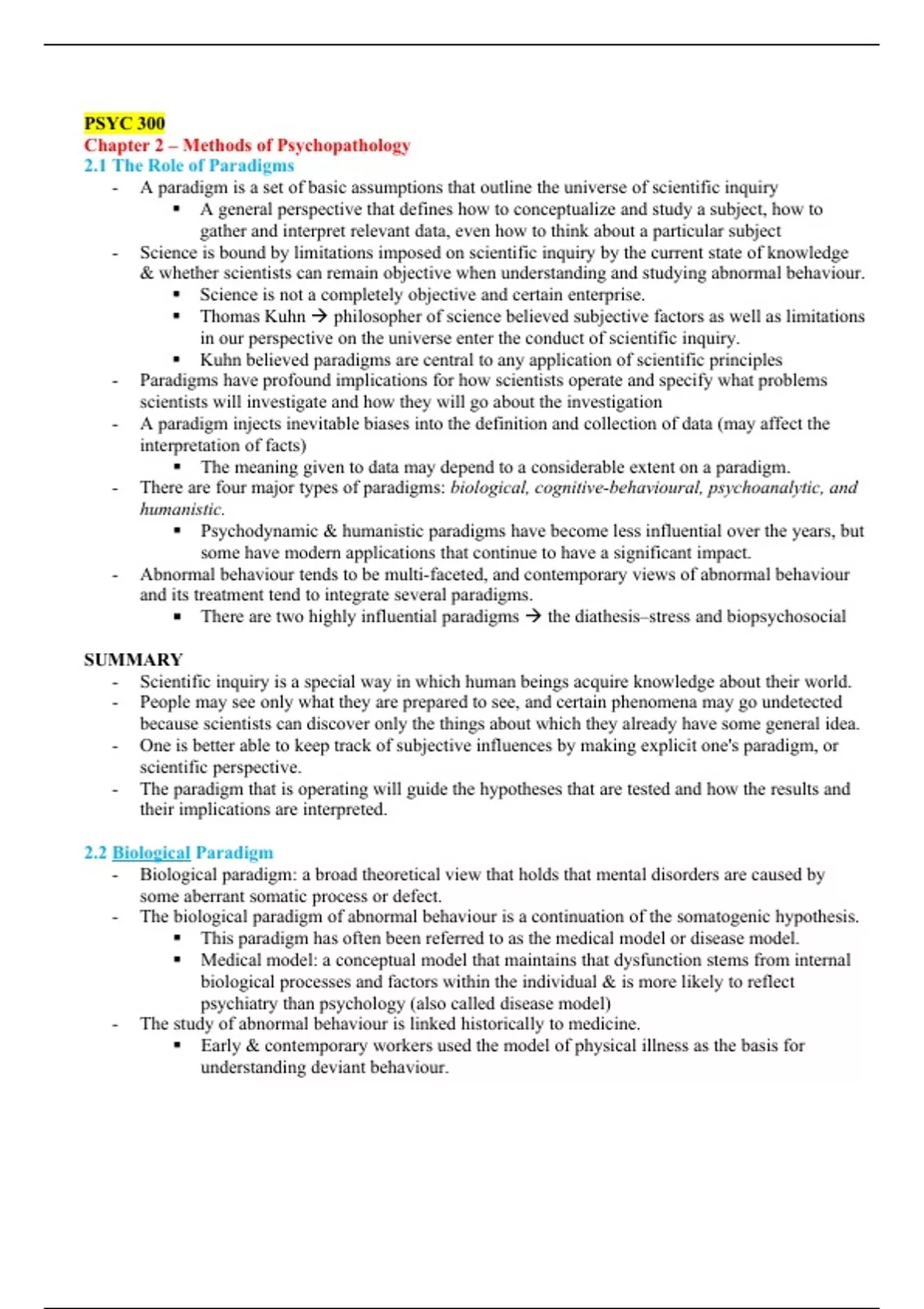 Chapter 2 - Models of Psychopathology - PSYC 300A - Stuvia US