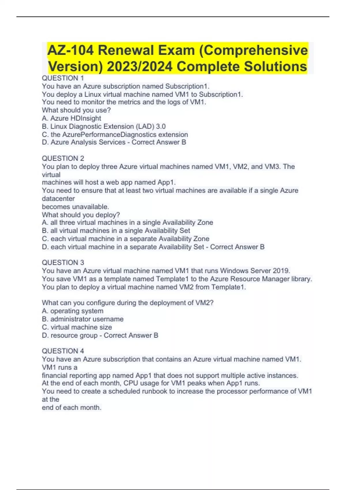 AZ-104 Renewal Exam (Comprehensive Version) 2023/2024 Complete ...