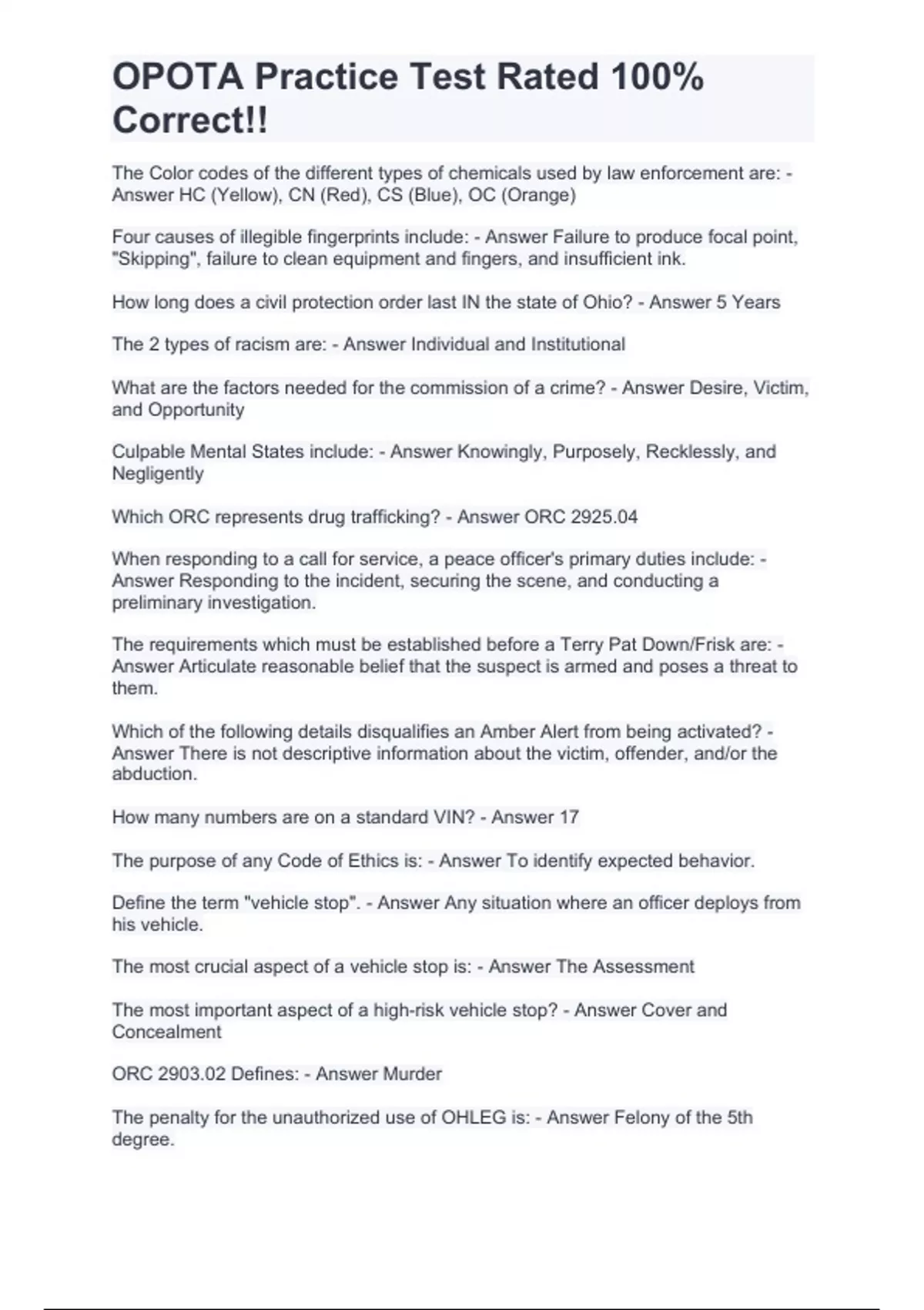 OPOTA Exam 2023, Opota Ohio Peace Officer Basic Graded A & OPOTA ...