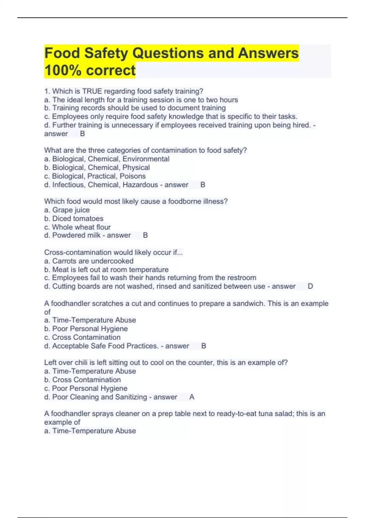 Bundle for Food Safety test latest updated - Stuvia US