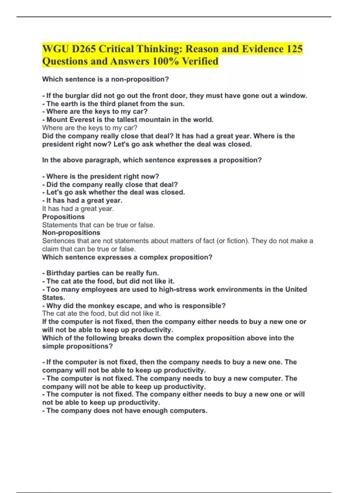 WGU D265 Critical Thinking: Reason and Evidence 125 Questions and ...