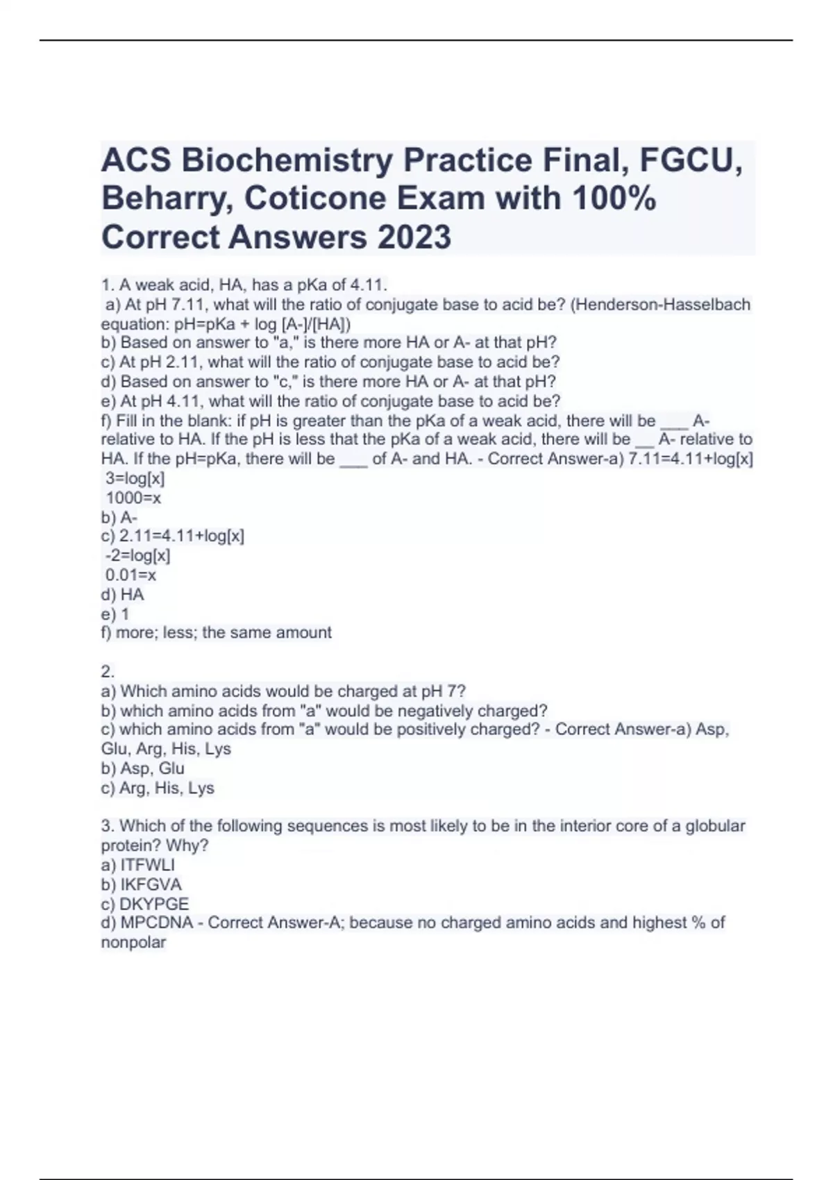 Acs Biochemistry Practice Final Fgcu Beharry Coticone Exam With 100 Correct Answers 2023
