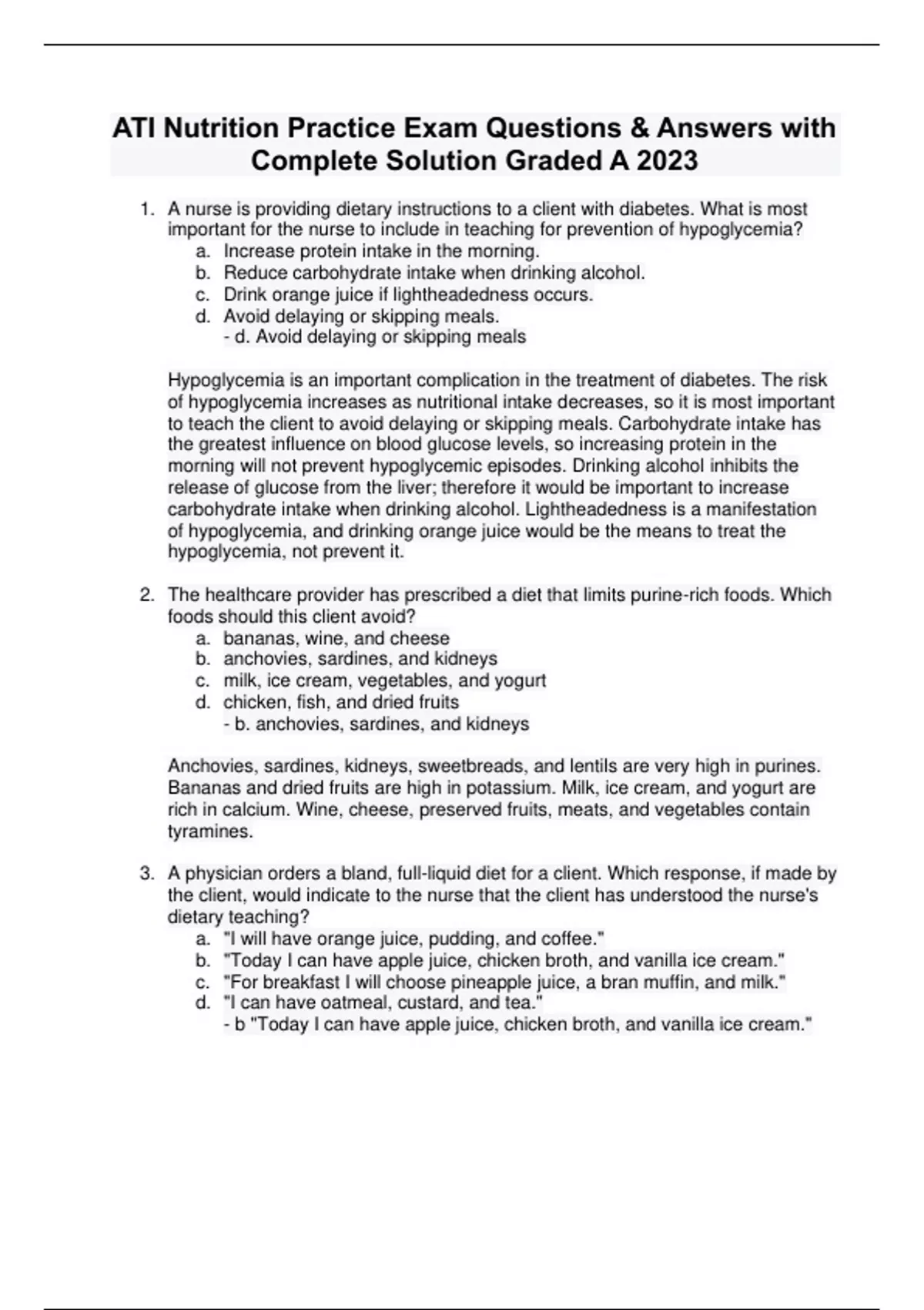 ATI Nutrition Practice Exam Questions & Answers with Complete Solution ...