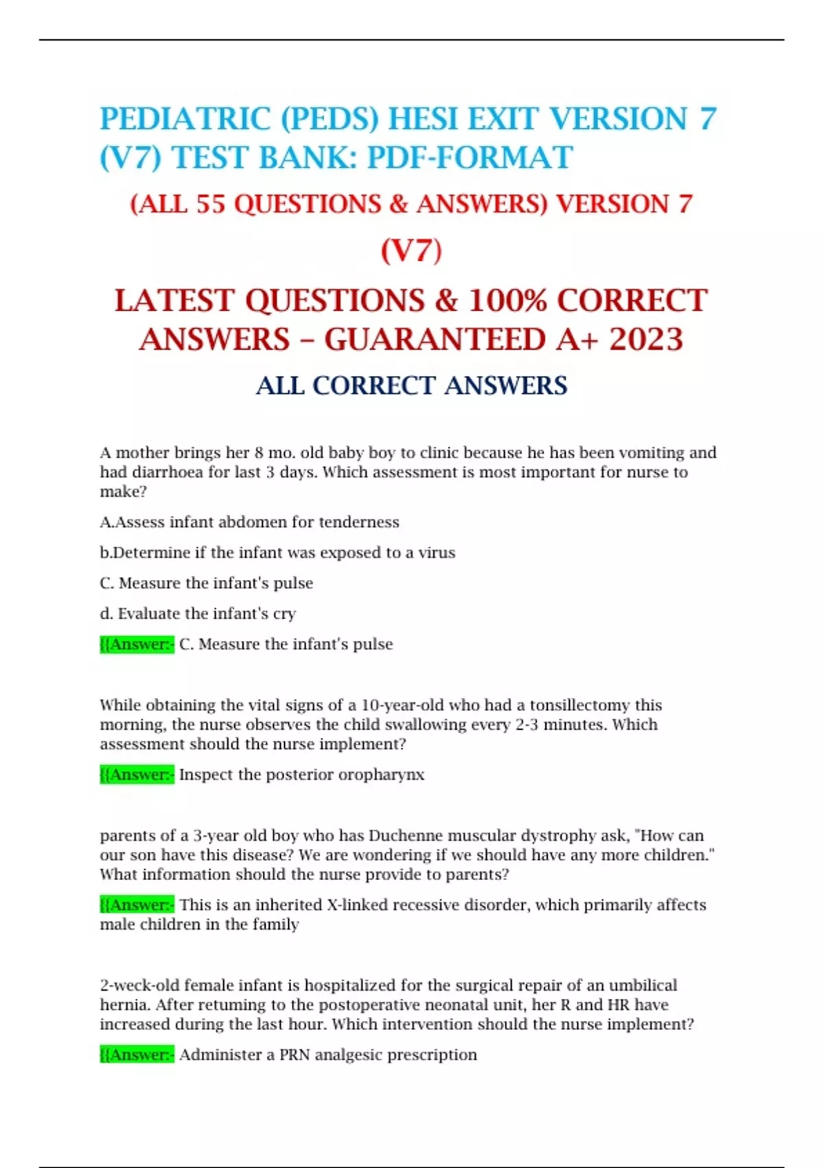 PEDIATRIC (PEDS) HESI EXIT VERSION 7 (V7) TEST BANK: PDF-FORMAT (ALL 55 ...