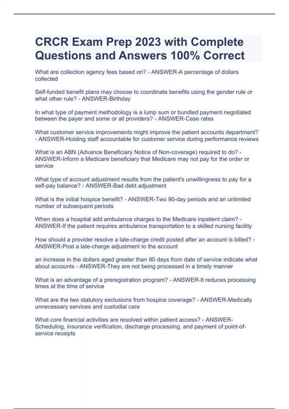 CRCR Exam Prep 2023 with Complete Questions and Answers 100% ...