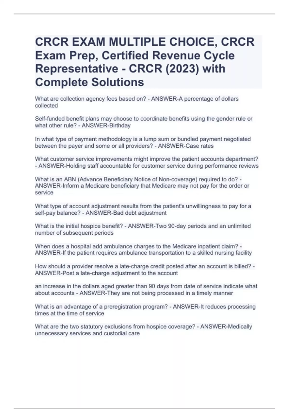 CRCR EXAM MULTIPLE CHOICE, CRCR Exam Prep, Certified Revenue Cycle ...